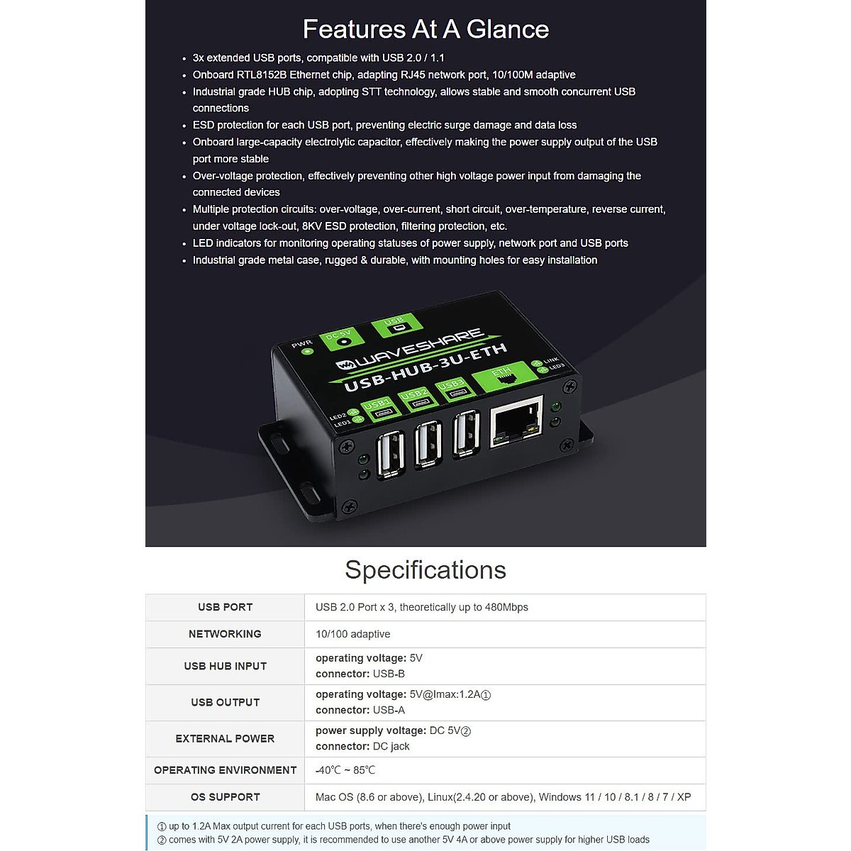 Waveshare Industrial Grade Multifunctional USB HUB Extending 3X USB Ports + 100M Ethernet Port Suitable for Industrial/Office Environments Requiring Higher Level Device and Network Connection