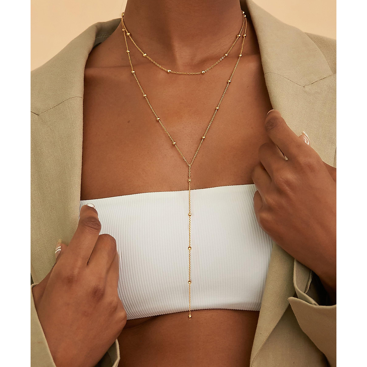 CHESKY Lariat Gold Necklace for Women, Dainty Long Necklace 14k Gold Plated Layered Necklaces Trendy Y-Shaped Bead Pendant Chain Necklace Simple Double Women Gold Necklaces Jewelry Gift Wedding