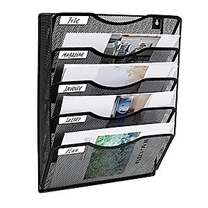 EasyPAG 5 Pockets Mesh Wall File Holder Office Hanging File Folder Magazine Rack Mail Sorter Bin | Nametag Label Included, Black