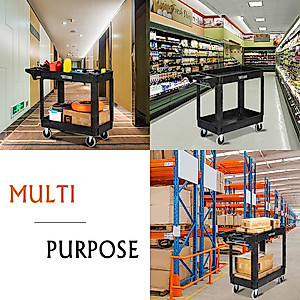 TUFFIOM Plastic Service Utility Cart with Wheels, 550lbs Capacity Heavy Duty Tub Storage Cart W/Deep Shelves, Multipurpose Rolling 2-Tier Mobile Storage Organizer, for Warehouse Garage Industrial