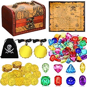 Yookeer 88 Pcs Pirate Treasure Chest for Kids Antique Color Big Treasure Chest Pirate Box Treasure Hunt Pirate Map Gold Coins Necklaces Gems for Pirate Themed Party Favors(Map Style)