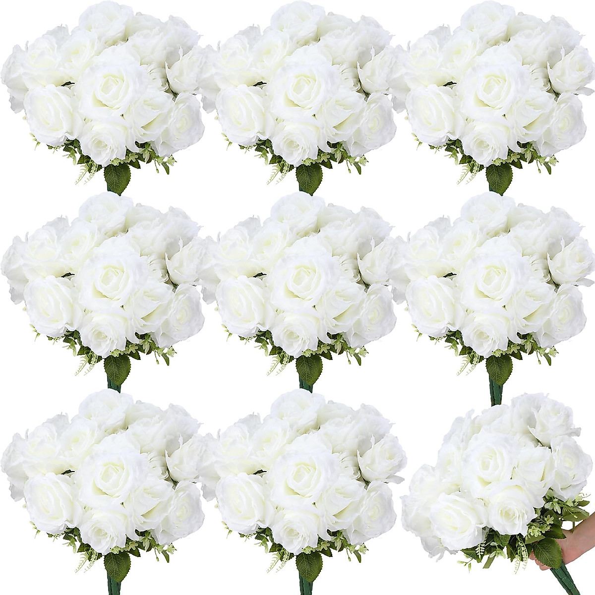 Zeyune 8 Bunches 17.3" Artificial Silk Rose Flowers, Fake Roses Flower Bouquet 56 Heads Whit Artificial Roses Flowers Bulk with Stems for Bridal Wedding Home Mother's Day Decor(White)