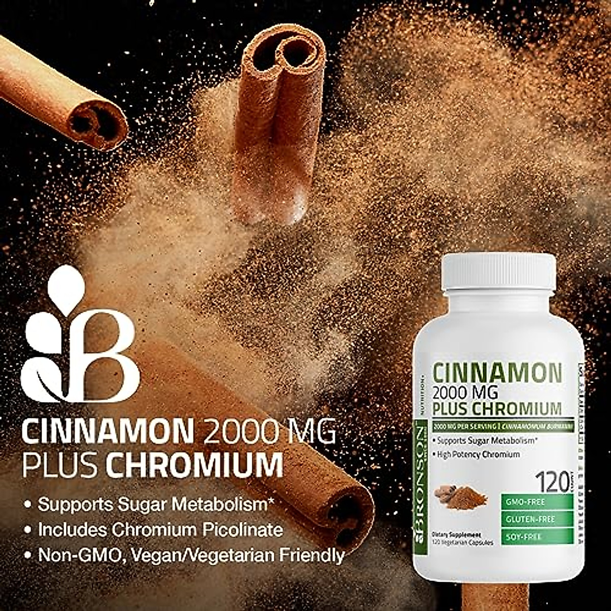 Bronson Cinnamon 2000 MG per Serving Plus Chromium Supports Sugar Metabolism, High Potency Chromium, Non-GMO, 60 Vegetarian Capsules