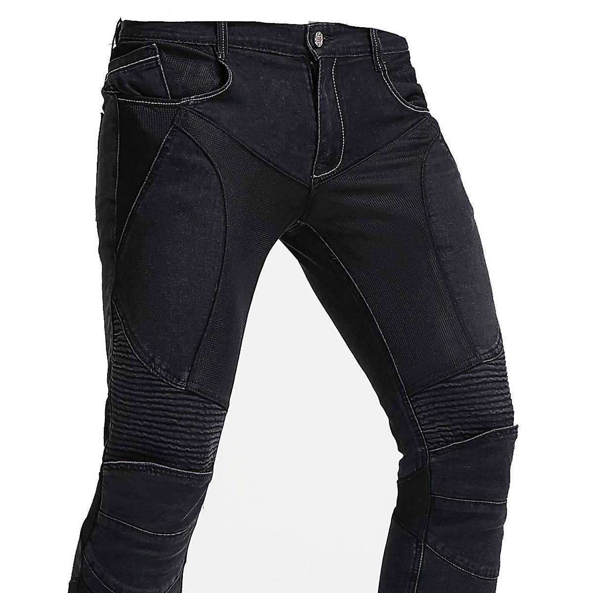 Summer Mesh Motorcycle Riding Jeans with Armor Motocross Racing Slim Stretch Pants (L=32, Black)