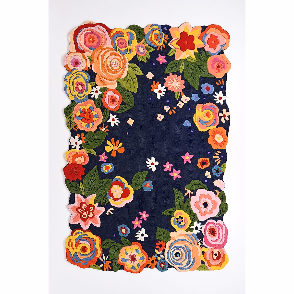 Handmade Colorful Roses Floral Wool Area Rug | Irregular Shape, Blossom & Vibrant Multi-Colored Garden Flower Pattern | Thick & Soft Carpet for Living, Bedroom & Kitchen Deco (Navy, 5' x 8')