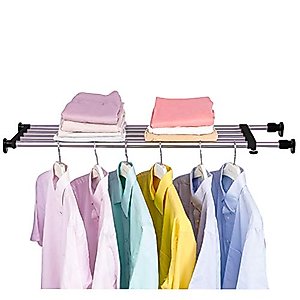Hershii Adjustable Closet Tension Shelf Expandable Cabinet Hanging Rod Metal Storage Rack Organizer DIY Divider Separator for Wardrobe Cupboard Kitchen Bathroom, Black, 32.28-46.06inches