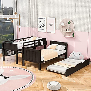 HBRR Twin Over Twin Bunk Bed with Trundle and Bookshelf, Wooden Separable BunkBed Frame for Kids Teens Adults, No Box Spring Needed, Espresso