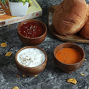 LAVAUX DESIGNS Set of 6 Acacia wood small bowls, 4 fl oz 3.25 * 2 inches | Charcuterie Accessories | Wooden Kitchen Mini Cups for serving Dips, Sauce, Nuts, Prep, Spice & Condiments