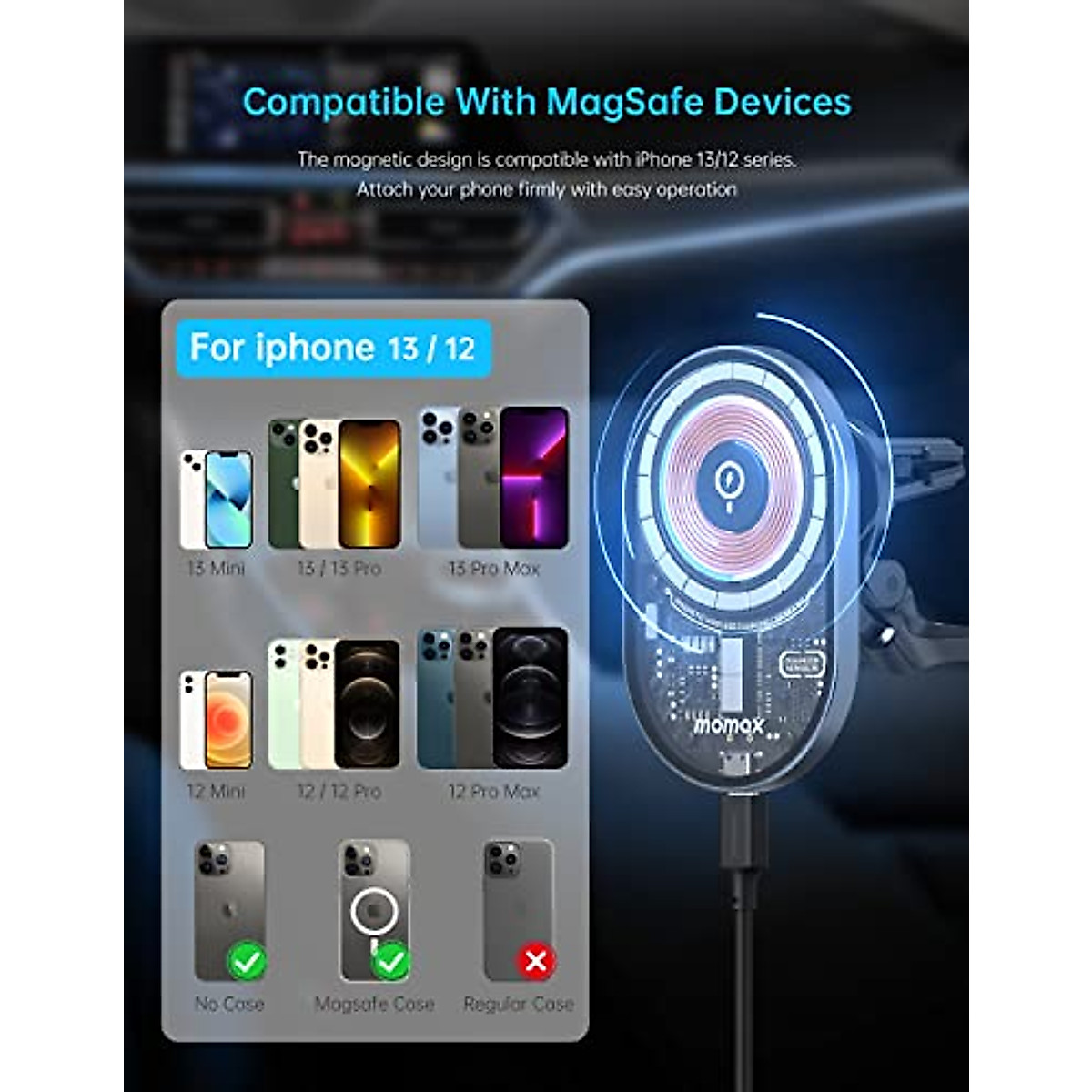 MOMAX Magnetic Wireless Charging Car Charger, Transparent Mag-Safe Compatible Charging Air Vent Mount, Compatible with iPhone 14/14 Max/14Pro/14Pro Max/13/13 Pro/13 Pro Max/12Series and Magnetic Case