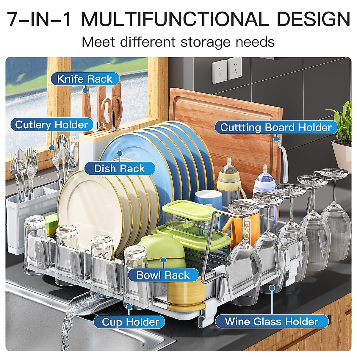 Dish Drying Rack, Aluminium Dish Racks for Kitchen Counter with Cup Rack, Large Dish Drainers with Drainboard, Anti-Rust Kitchen Dish Rack Dryer Shelf for Plate with Utensil, Cutting Board Holder