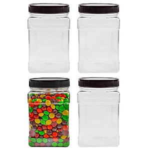 32oz Square Plastic Jars (4-Pack, Quart); Clear Rectangular 4-Cup Canisters w/Black Lids, Easy-Grip Side