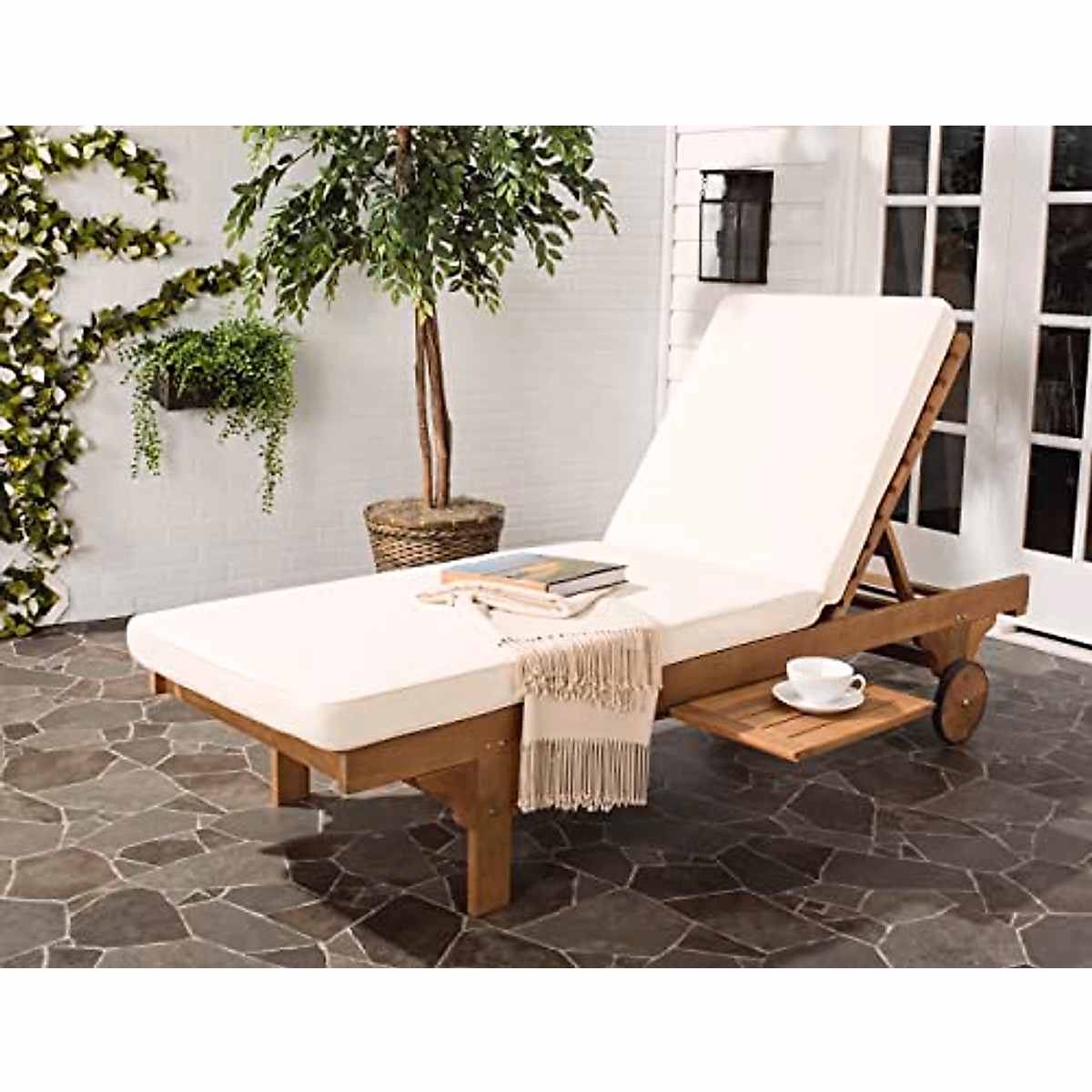 SAFAVIEH Outdoor Collection Newport Natural/ Beige Cushion Built-in Side Table Adjustable Chaise Lounge Chair