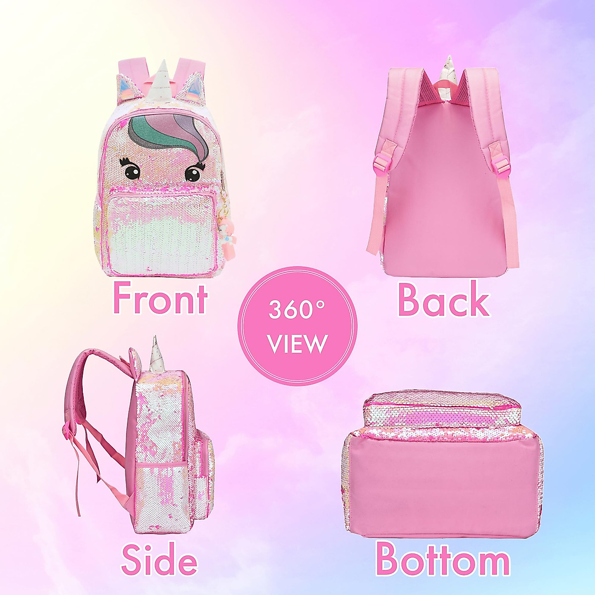 SimplyUnique Kids Enchanting Unicorn Flip Sequin Backpack for Little Girls Age 6-8 Years Old - Sparkling Glitter Fashion Book Bag for School and Magical Adventures