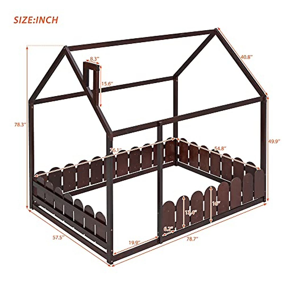 BIADNBZ Full Size House Floor Bed with Roof, Wooden Montessori Bedframe with Fence, for Kids Teens Bedroom, Slats are not Included, Espresso