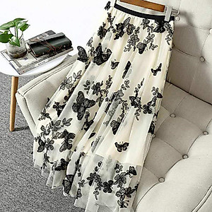Bravetoshop Womens Tutu Tulle Skirt High Waist Layered Floral Printed A-Line Skirts Mesh Midi Skirt (White,XL)
