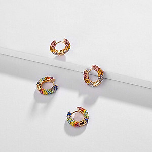 CiNily Huggie Hoop Earrings, Rainbow Colorful Crystal Yellow Gold Plated Cuff Earrings Fashion Small Hoop Earrings for Women