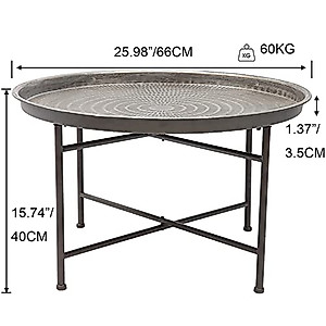 Yusong Coffee Table, Boho-Chic Hammered Metal Tray Coffee Table, Mahdavi Round Coffee Tea Table, Living Room Tables for Storage and Display, Brushed Silver