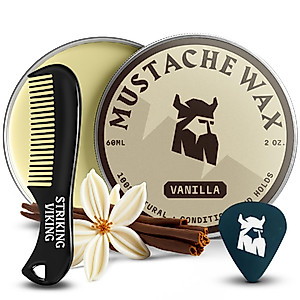 Striking Viking Mustache Wax & Comb Kit - Beard Care for Men with Strong Hold Beeswax- Helps Tame, Style & Groom - Vanilla Scent, 2 Ounce Size - Mens Mustache Grooming Wax