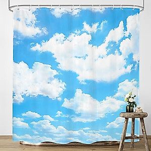 LIGHTINHOME Blue Sky Backdrop Cloud Shower Curtain 72x72 Inch Nature Landscape Scenery Waterproof Fabric Polyester Bathroom Bathtub Decoration 12 Pack Plastic Hooks