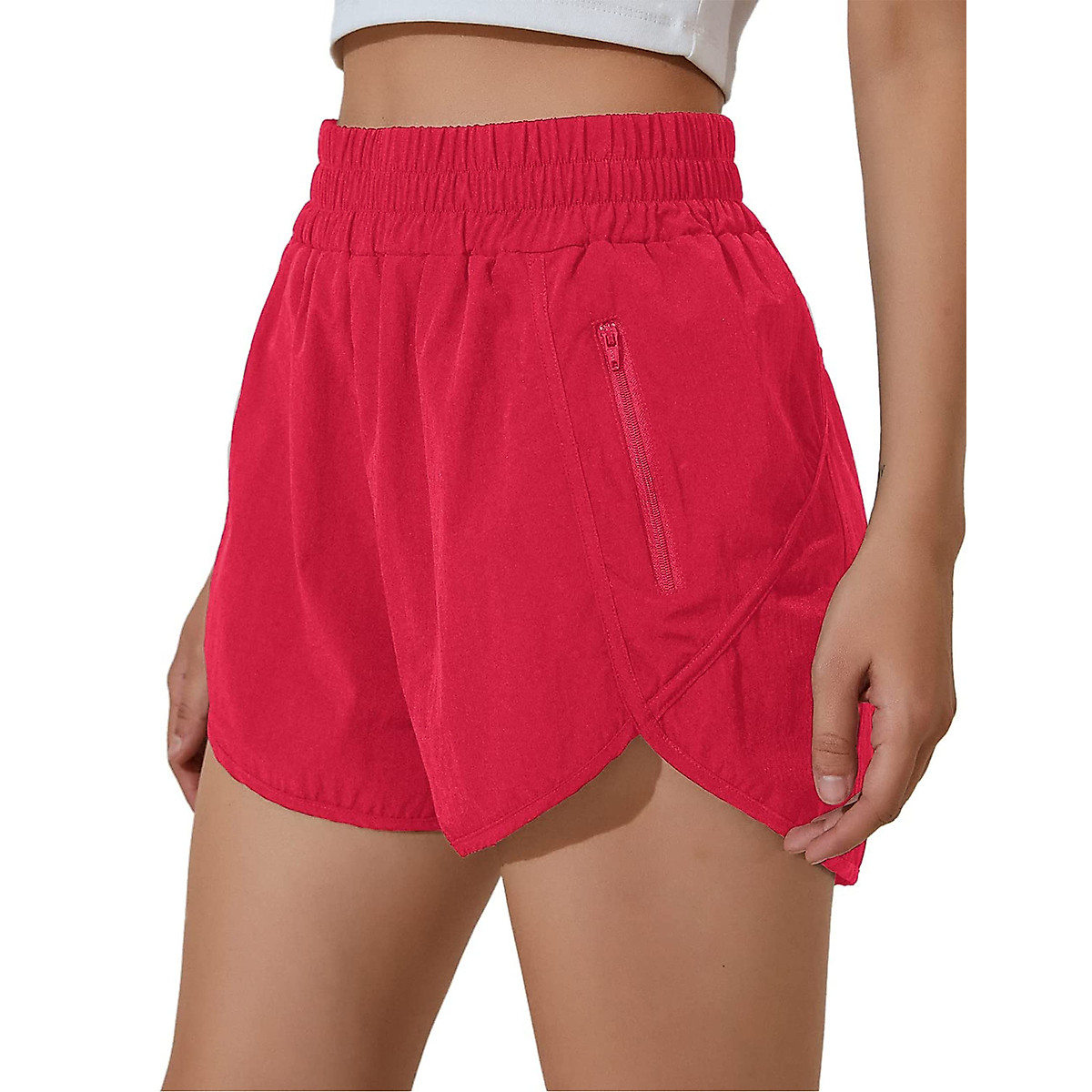 BMJL Women's Running Shorts Elastic High Waisted Shorts Pocket Sporty Workout Shorts Quick Dry Athletic Shorts Pants(S,Red)