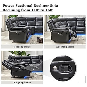 ELIASER Manual Reclining Sectional Sofa with LED Light Recliner Faux Leather L-Shaped Reclining Sectional Couch Recliner Sofa Cup Holder,USB Port,Storage Console,5 Seater for Living Room Black