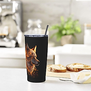 Buewutiry Gold Flame Pattern Wolf Tumbler with Lid and Straw, Cute 20 Oz Stainless Steel Insulated Tumbler Water Bottle Cup, Travel Coffee Mug Personalized Tumbler