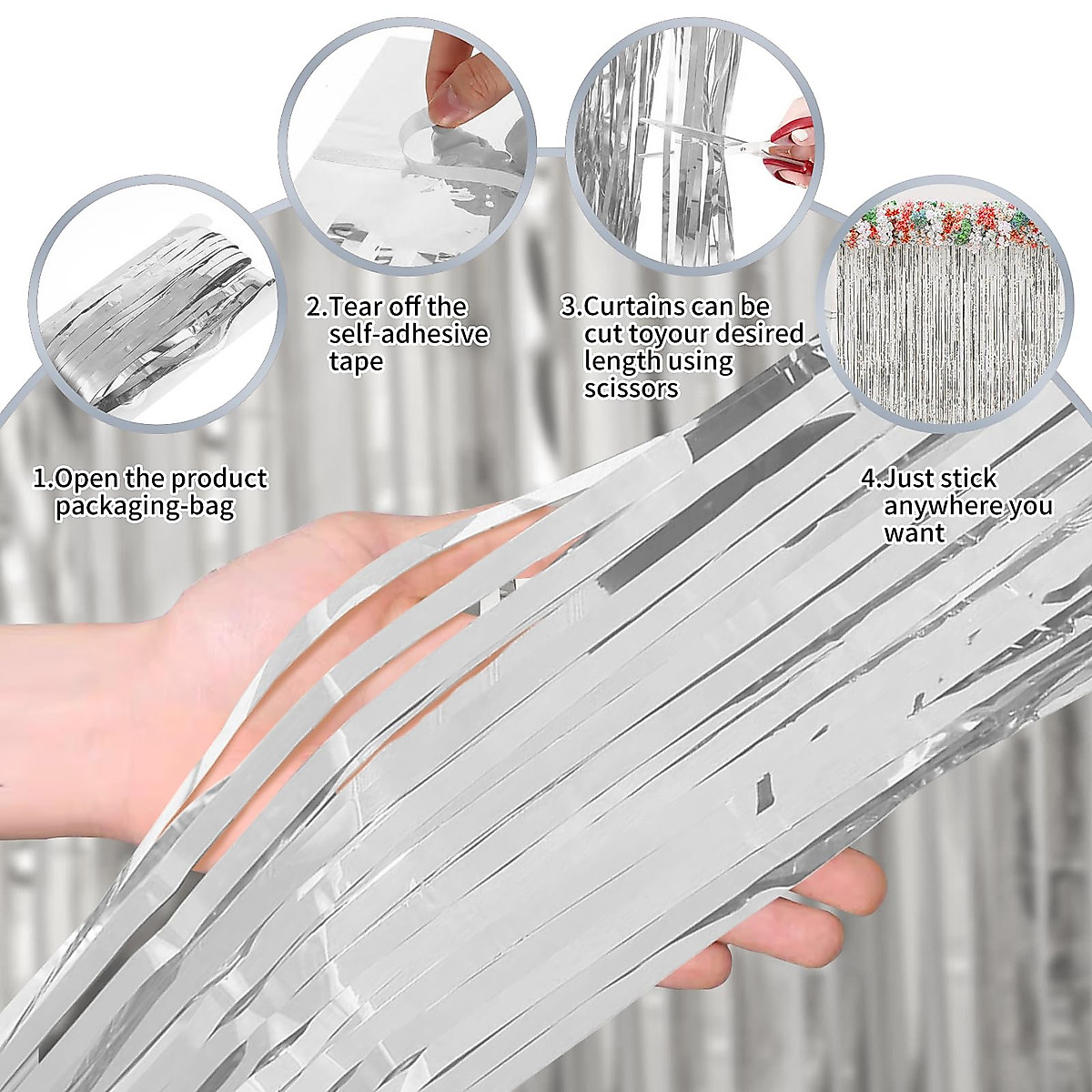 3 Pack 3.2ft x 8.2ft Silver Metallic Foil Fringe Curtains, Tinsel Streamers Bachelorette Party Decorations, Streamers Birthday Decorations, Streamers Party Decorations for Graduation, Baby Shower
