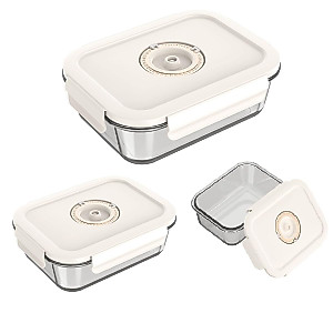 GENIEX Vacuum Containers for Food Storage, Glass Vacuum Seal Containers Set of 3, Food Saver Containers for Vacuum Seal, Easy Clean Marinade container (Rectangular-Glass-3pc | Sealer sold separately)
