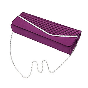 Elegant Pleated Satin & Crystal Flap Clutch Evening Bag, Purple