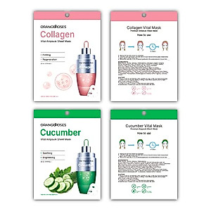 【Orangeroses】 10 Pcs Combo Vital Ampoule Sheet Mask, Korean Facial Skincare Sheet | Simple & Effective Skincare Routine | Moisturization | Wrinkle Care | Brightening (New Upgraded Mask)