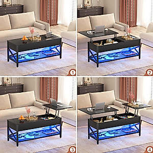Besiost Lift Top Coffee Table with Storage, LED Light & Power Outlet and Hidden Compartment, Retro Center Table for Living Room, X Support Wood Tabletop, Metal Frame