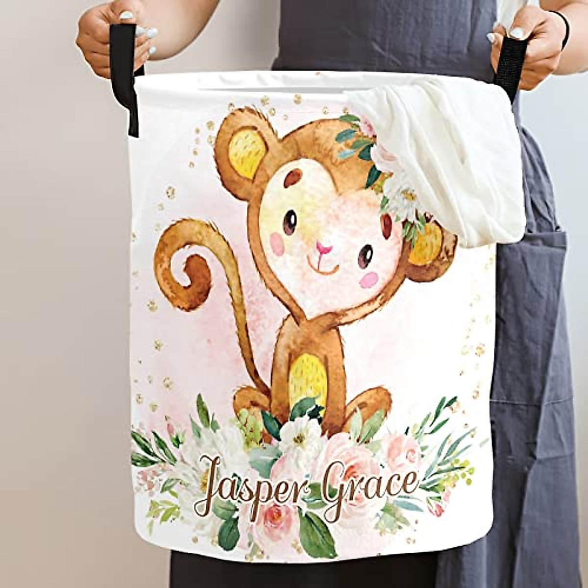 Cute Monkey Pink Floral Personalized Laundry Basket Clothes Hamper with Handles Waterproof,Custom Collapsible Laundry Storage Baskets for Bedroom,Bathroom Decorative Large Capacity