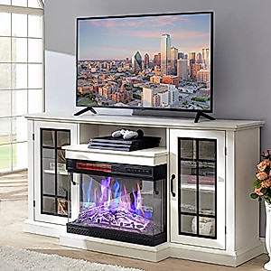 Amerlife 3-Sided Glass Fireplace TV Stand for TVs up to 65", Modern Media Entertainment Center Console Table with Glass Door Closed Storage, Distressed White