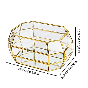 Vellon Gold and Clear Jewelry Trinket Box, Glass Decorative Box, Chic Design Storage for Cosmetic/Bracelet/Necklace/Ring, Idea Gift, Including 26 Glass Panels and 112 Golden Metal Line