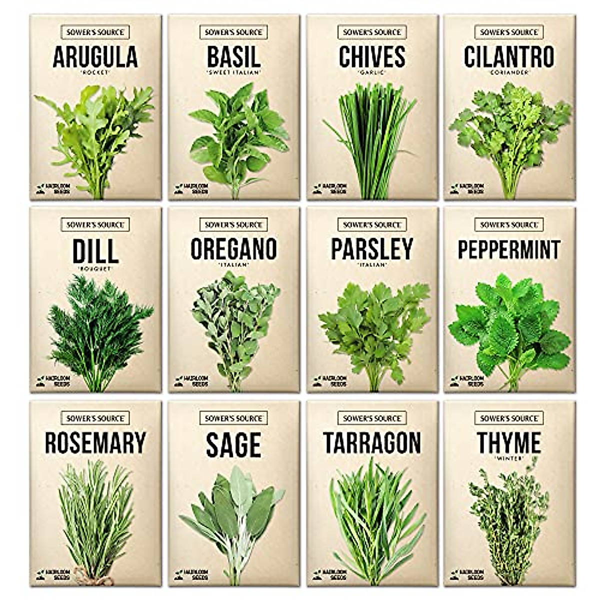 SOWER'S SOURCE Herb Seeds For Planting - 12 Non-GMO Herb Garden Seeds for Planting Herbs: Basil Seeds, Dill, Chives, Oregano, Sage, Peppermint, Cilantro, Thyme, Rosemary, Tarragon, Parsley, Arugula