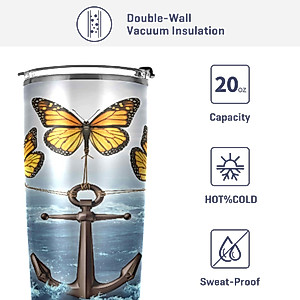Monarch Butterflies Stainless Steel Tumbler Anchor Insulated Coffee Cups with Lid and Straw Travel Mug for Hot and Cold Drinks 20oz