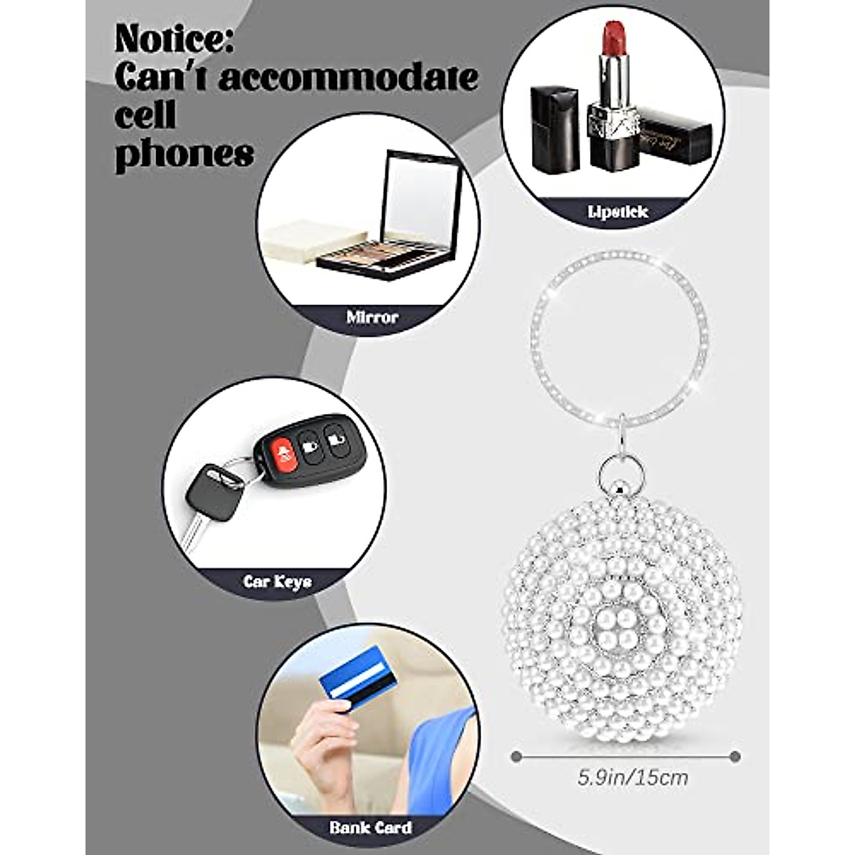 4 Pcs Faux Pearl Evening Clutch Purse Round Ball Silver Rhinestone Bag Pearl Jewelry Set for Women Evening Wedding Artificial Pearl Handbag