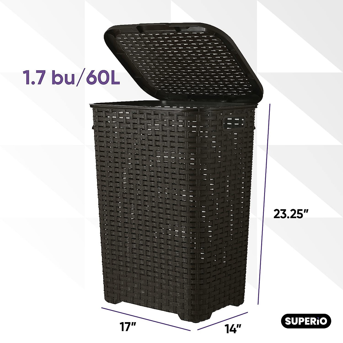 Plastic Laundry Hamper with Lid Laundry Hamper Basket, Brown Tall Cloths Hamper Organizer with Cut-out Handles. Space Saving for Laundry Room Bedroom Bathroom, Wicker Design 60 Liter