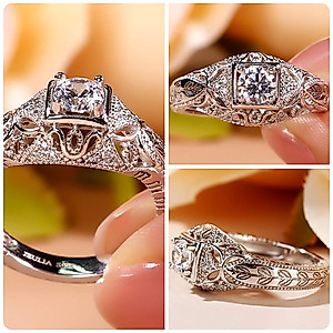 Jeulia Vintage Rings 925 Sterling Silver Round Cut Solitair Diamond Ring Wedding Engagement Statement Ring Band Anniversary Promise Bridal Set with Gift Box (Silver, 7)