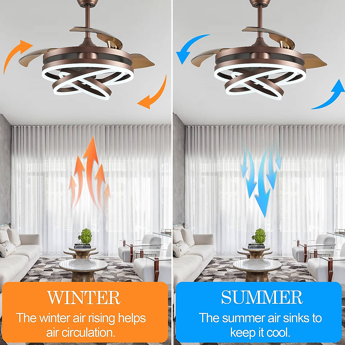 Cusp Barn 42" Retractable Fandelier Ceiling Fan with Lights Remote - Silent Dimmable Modern 6 Speed LED Chandelier Fan for Bedroom Living Room Kitchen