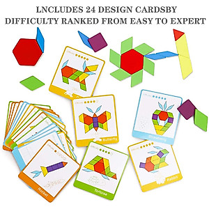 KanCai 155PCS Wooden Pattern Blocks Set Geometric Shape Puzzles Classic Educational Toys Tangrams Set for Kids Ages 3-8 with 24 Pcs Design Cards