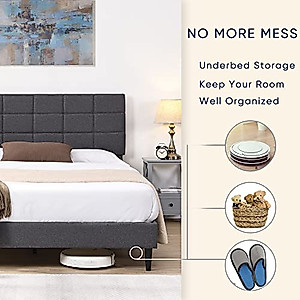 Queen Size Platform Bed Frame with Fabric Upholstered Headboard and Wooden Slats Support, Fully Upholstered Mattress Foundation/No Box Spring Needed/Easy Assembly (Grey, Queen)