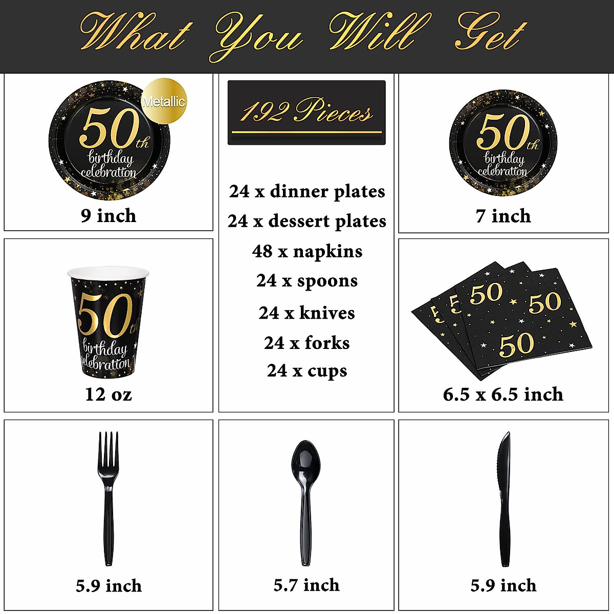 DECORLIFE 192PCS 50th Birthday Plates and Napkins for Men Women, 50th Birthday Decorations, 12oz Cups, 48 Napkins Included for 24 Guests Back in 1974 Party Favors