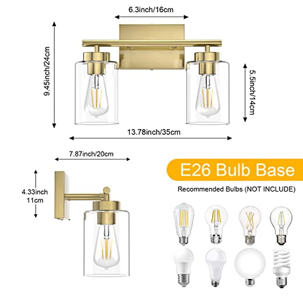 Bathroom Light Fixtures,Brushed Brass Vanity Light, Gold Wall Sconces Lighting, Modern Bath Wall Mounted Lights with Glass Shade, Gold Wall Sconce for Living Room, Bedroom, Hallway(Exclude Bulb)