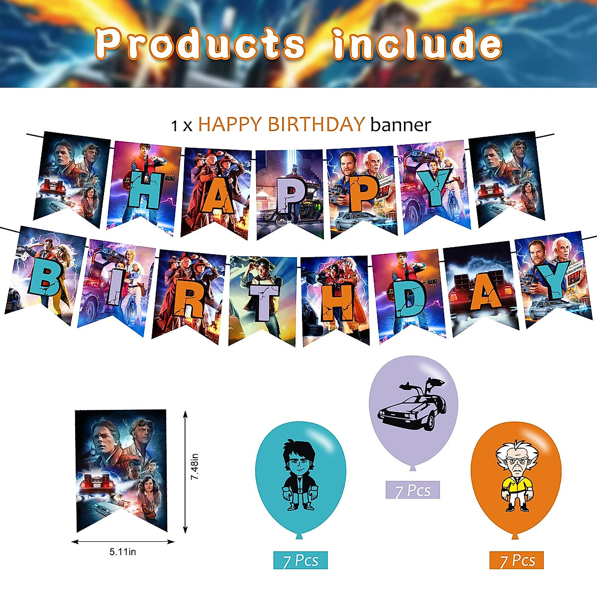 Back to the future Party Decorations,Back to the future Birthday Party Supplies Includes Banner - Cake Topper - 12 Cupcake Toppers - 21 Balloons - 50 Stickers
