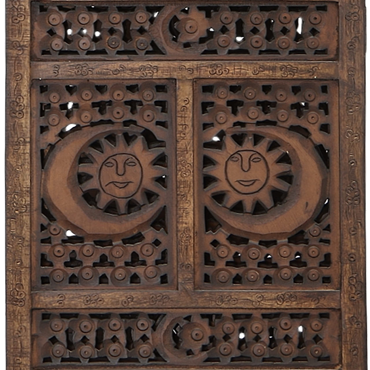 Hand Carved Sun and Moon Design Foldable 4 Panel Wooden Room Divider