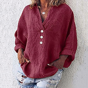 Shirts for Women Roll up Long Sleeve V-Neck Tops Button Down Solid Color Loose Casual Blouses Trendy 2023