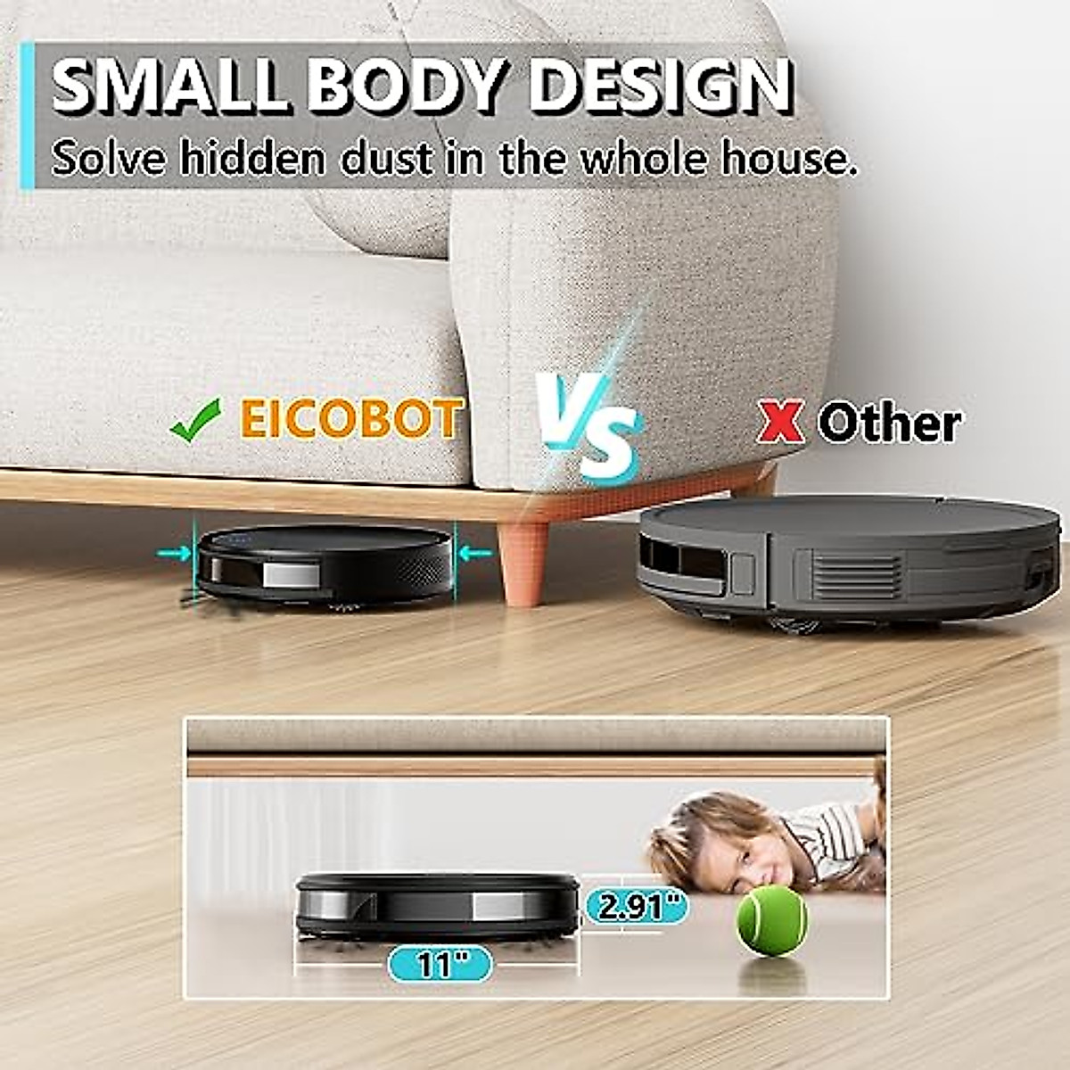 EICOBOT Robot Vacuum Cleaner, 2300Pa Strong Suction Power, Tangle-Free, Slim, Quiet, 120 Mins Runtime, Auto Self-Charging Robotic Vacuum Cleaner Ideal for Low Carpet, Pet Hair, Hard Floors, Black