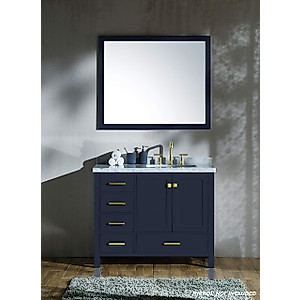 ARIEL Cambridge 43" Inch Single Right Offset Rectangular Sink Solid Wood Midnight Blue Bathroom Vanity Cabinet with 1.5" Inch Edge White Carrara Marble Countertop and Backsplash, No Mirror