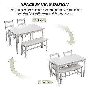 Dining Table Set for 4, 4 Piece Kitchen Table with Chairs and Bench, Wood Rectangular Dining Table Set with 2 PU Leather Chair and Bench for Small Spaces, Apartment, Breakfast, Living Room (White)